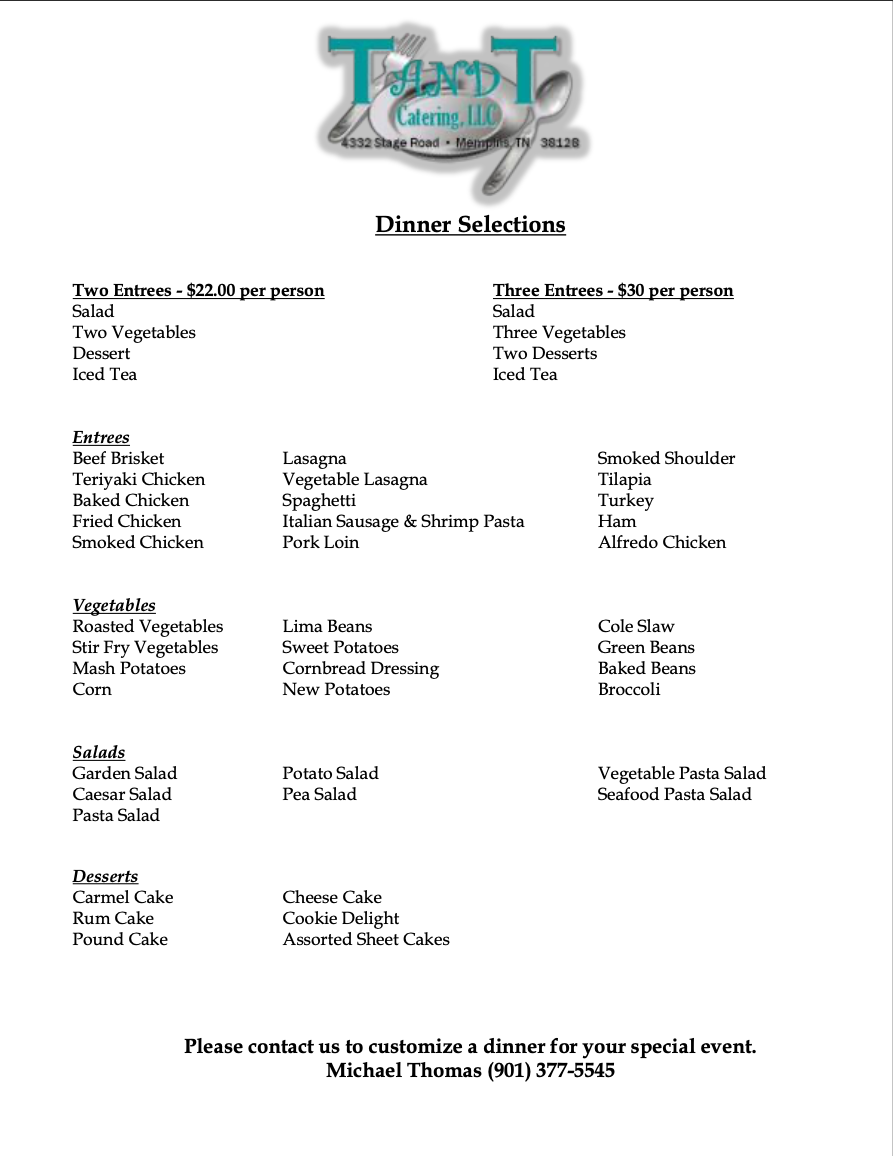Printable Menus | T and T Catering Memphis
